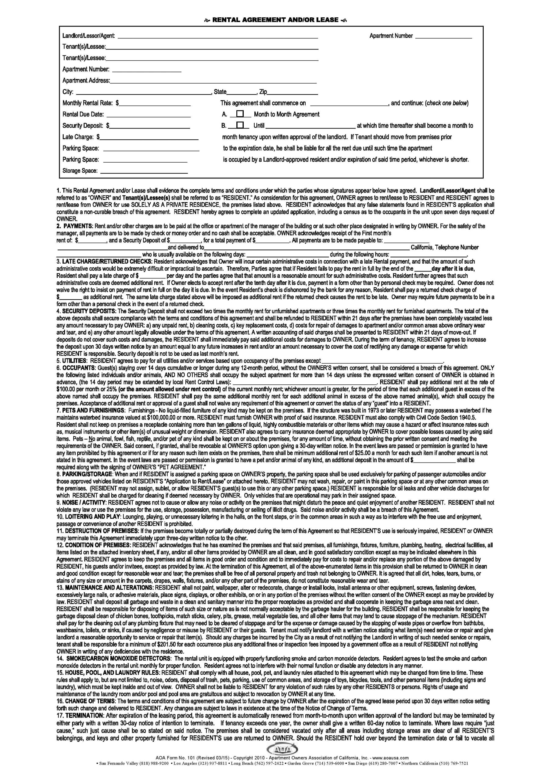 Download Free California Rental Lease Agreement Printable Lease Agreement