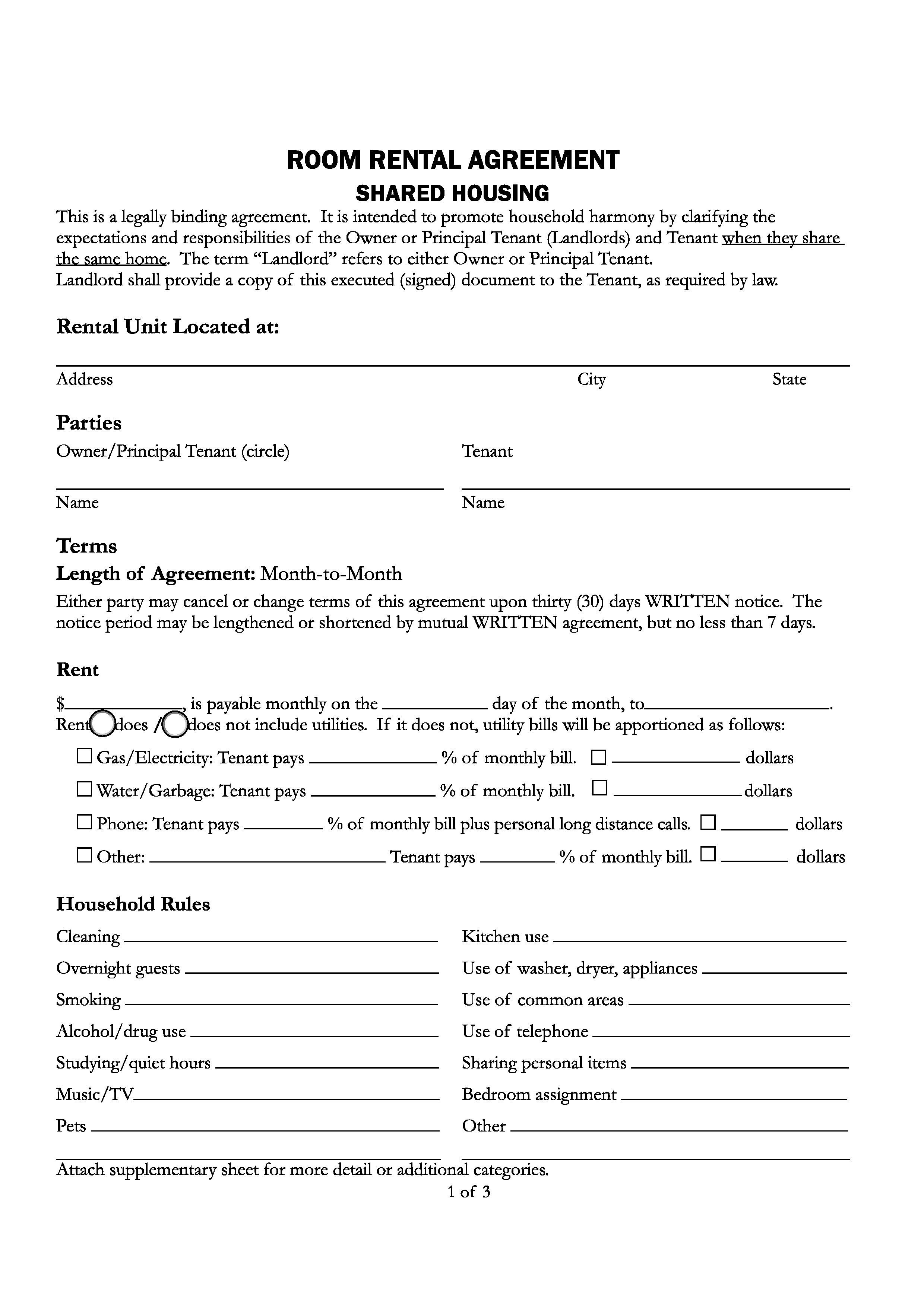 Free Printable Room Rental Agreement California