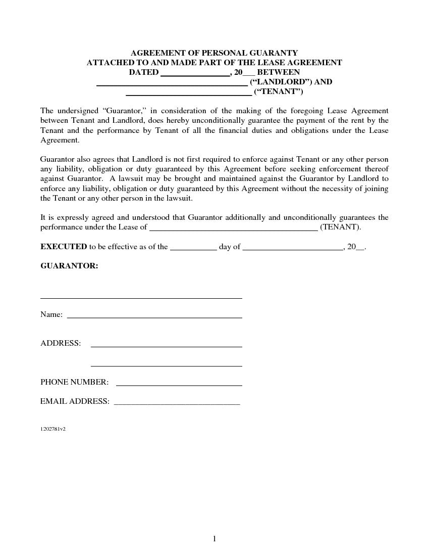 Download Free Agreement Of Personal Guaranty For Lease Agreement 