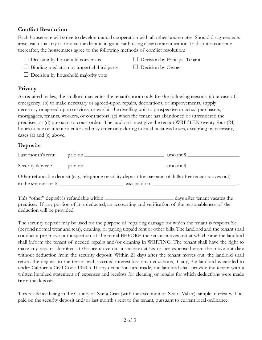 Printable Month To Month Room Rental Agreement Form California 